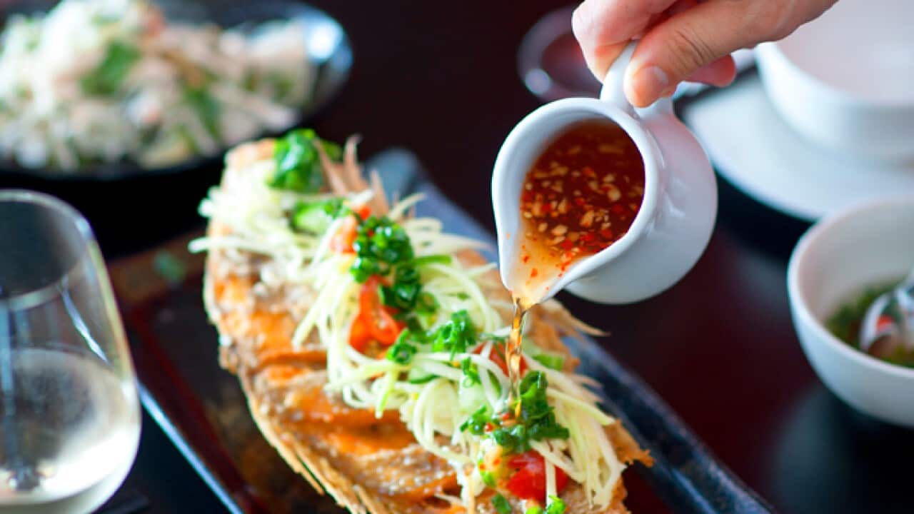 Deep-fried whole snapper with ginger and lime fish sauce (ca chien ...