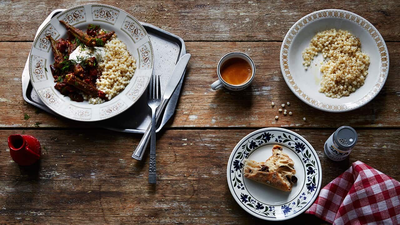 Tomato-braised okra with Israeli couscous and za'atar recipe | SBS Food
